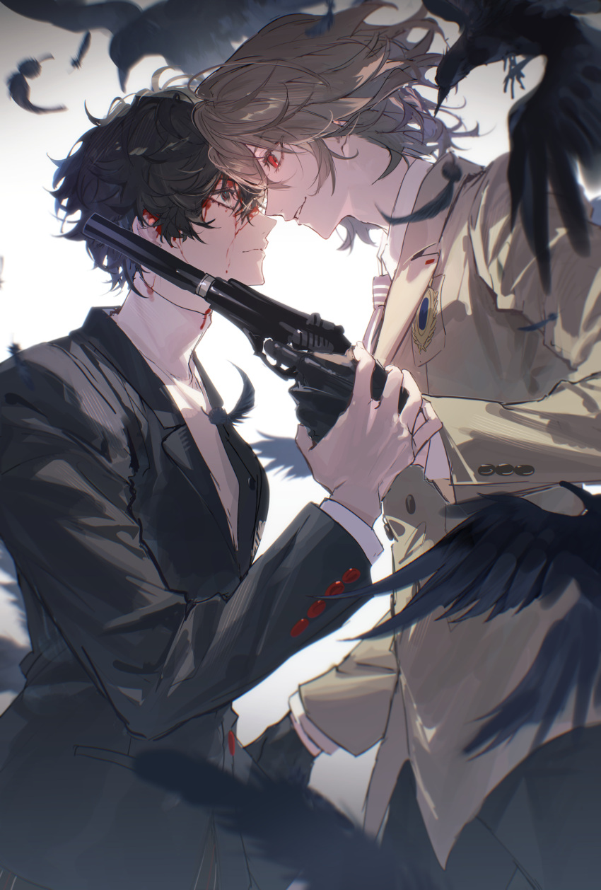 Safebooru - 2boys akechi gorou amamiya ren bird black bird black eyes black feathers black ...