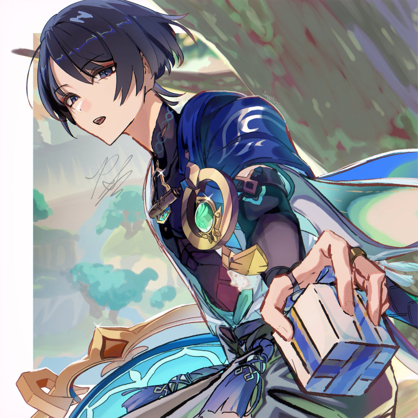 Safebooru - 1boy absurdres anemo symbol (genshin impact) aqua kimono aqua sleeves armor black ...