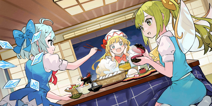 Safebooru - 3girls akaneu ascot blonde hair blue bow blue dress blue ...