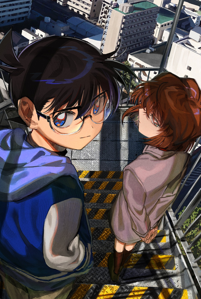 Safebooru - 1boy 1girl absurdres arms behind back black hair blue eyes brown hair building ...