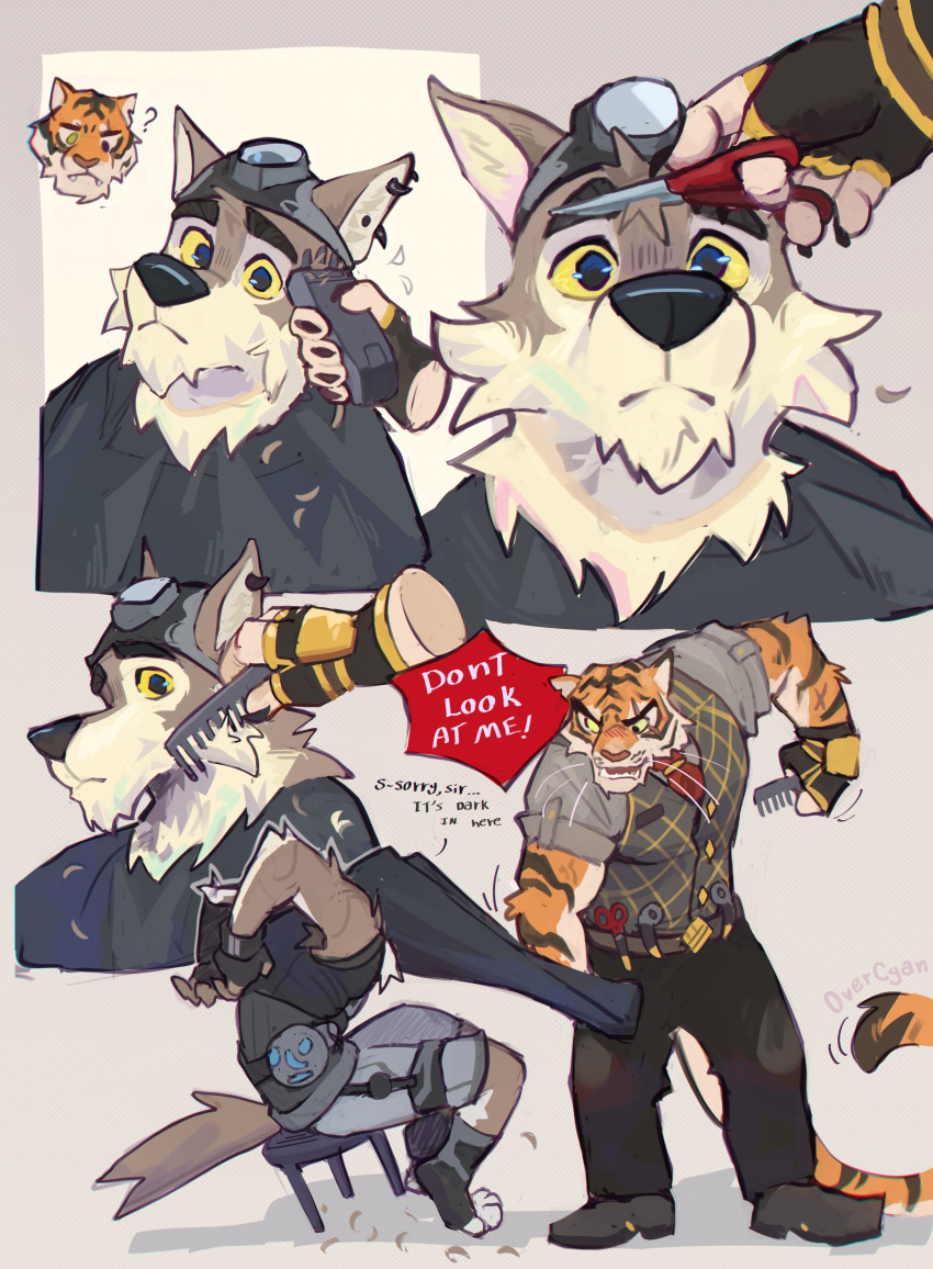 Safebooru - 2boys ? absurdres animal ears closed mouth comb cutting ...