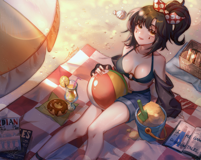 Safebooru - 1girl alternate costume beach bikini bikini top only blue shorts box galaxy breasts ...