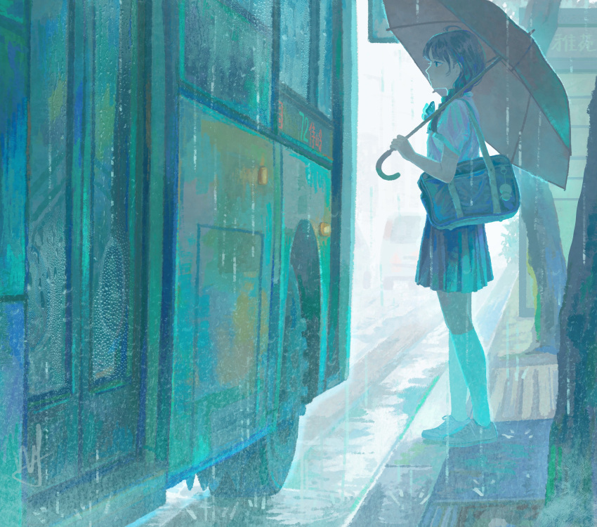 Safebooru - 1girl absurdres bag braid bus from side full body highres holding holding umbrella ...