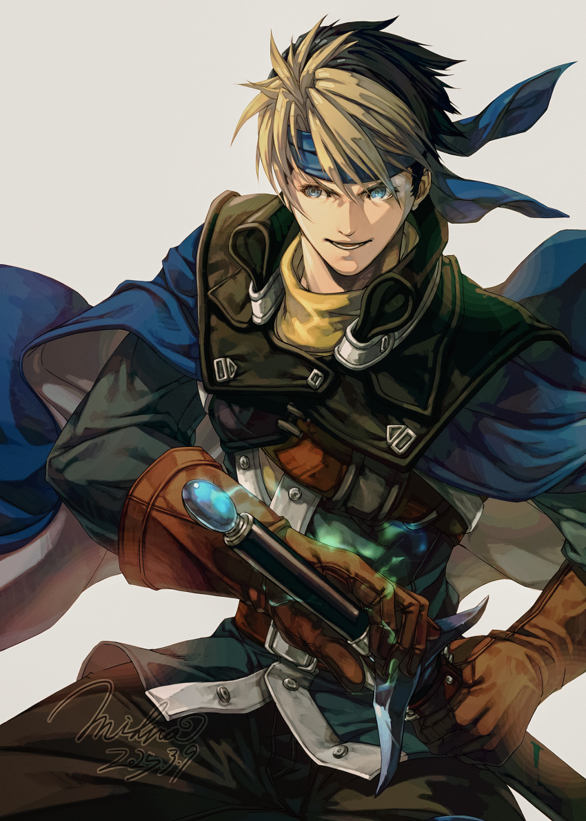 Safebooru - 1boy absurdres bandana blue cape blue eyes blue headband cape drawing sword flik ...