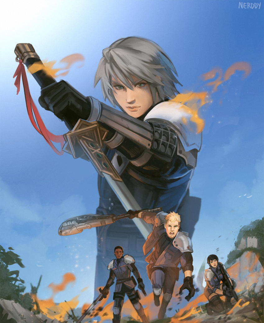 Safebooru - 1girl 3boys arm armor armor black hair blonde hair blue sky brown hair english ...