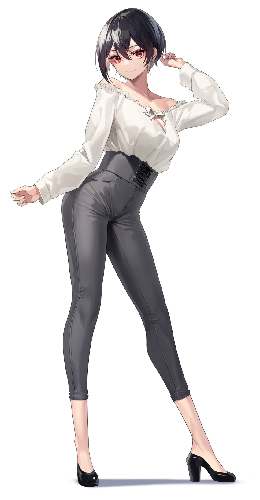 Safebooru - 1girl absurdres black hair black pants high heels highres long legs long sleeves ...