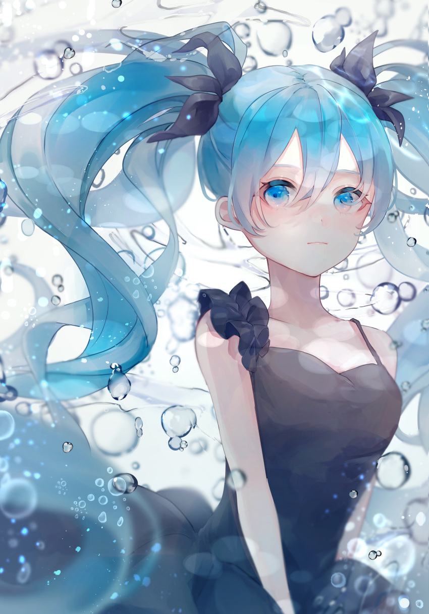 Safebooru - 1girl absurdres aqua eyes aqua hair black bow black dress bow breasts closed mouth ...