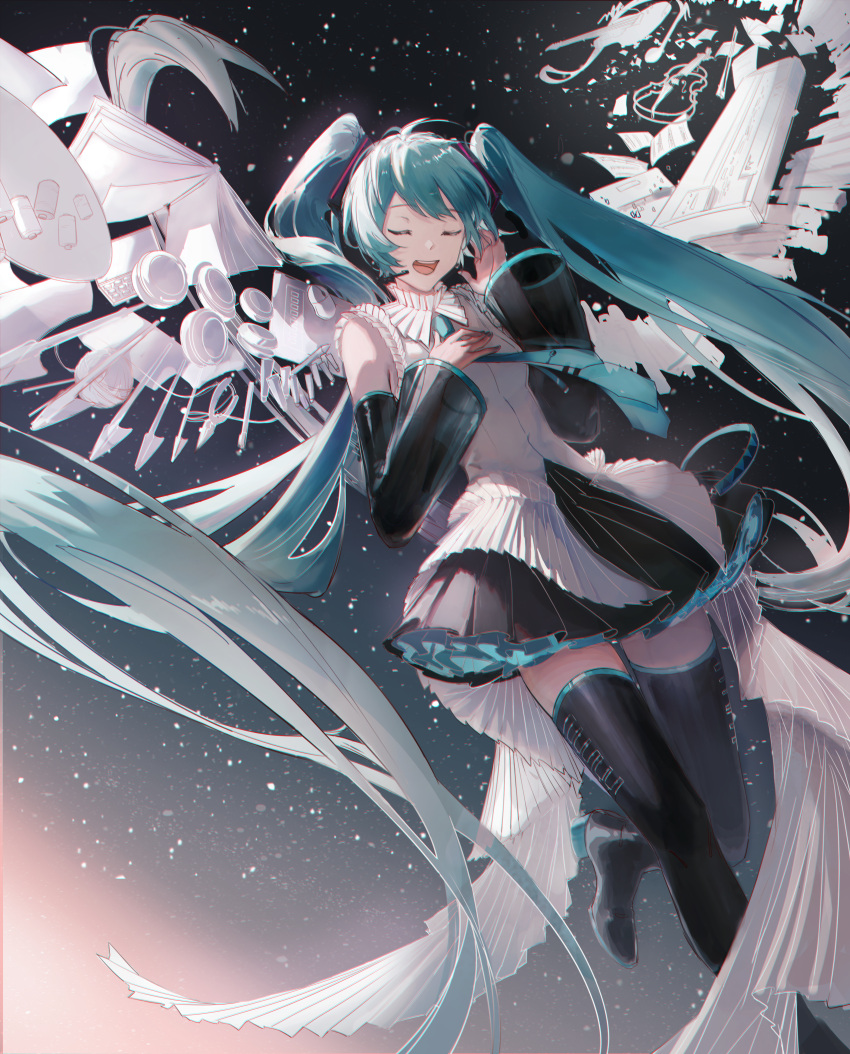 Safebooru - 1girl absurdres aqua hair black boots black skirt black sleeves boots closed eyes ...