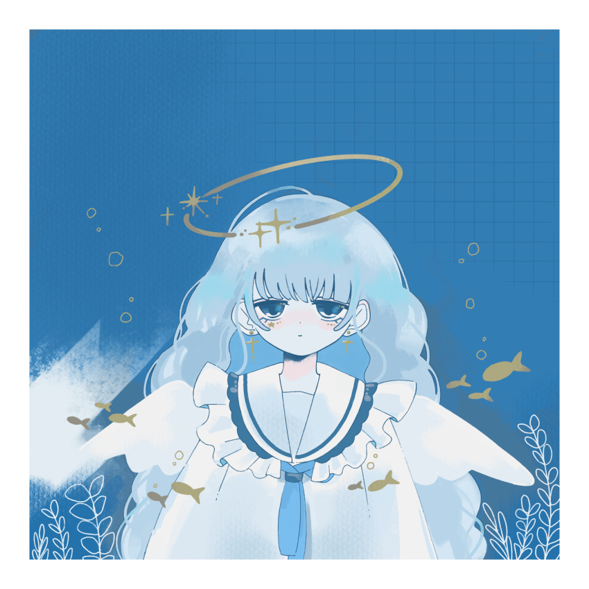 Safebooru - 1girl blue eyes blue theme blunt bangs border bubble closed mouth cross cross ...