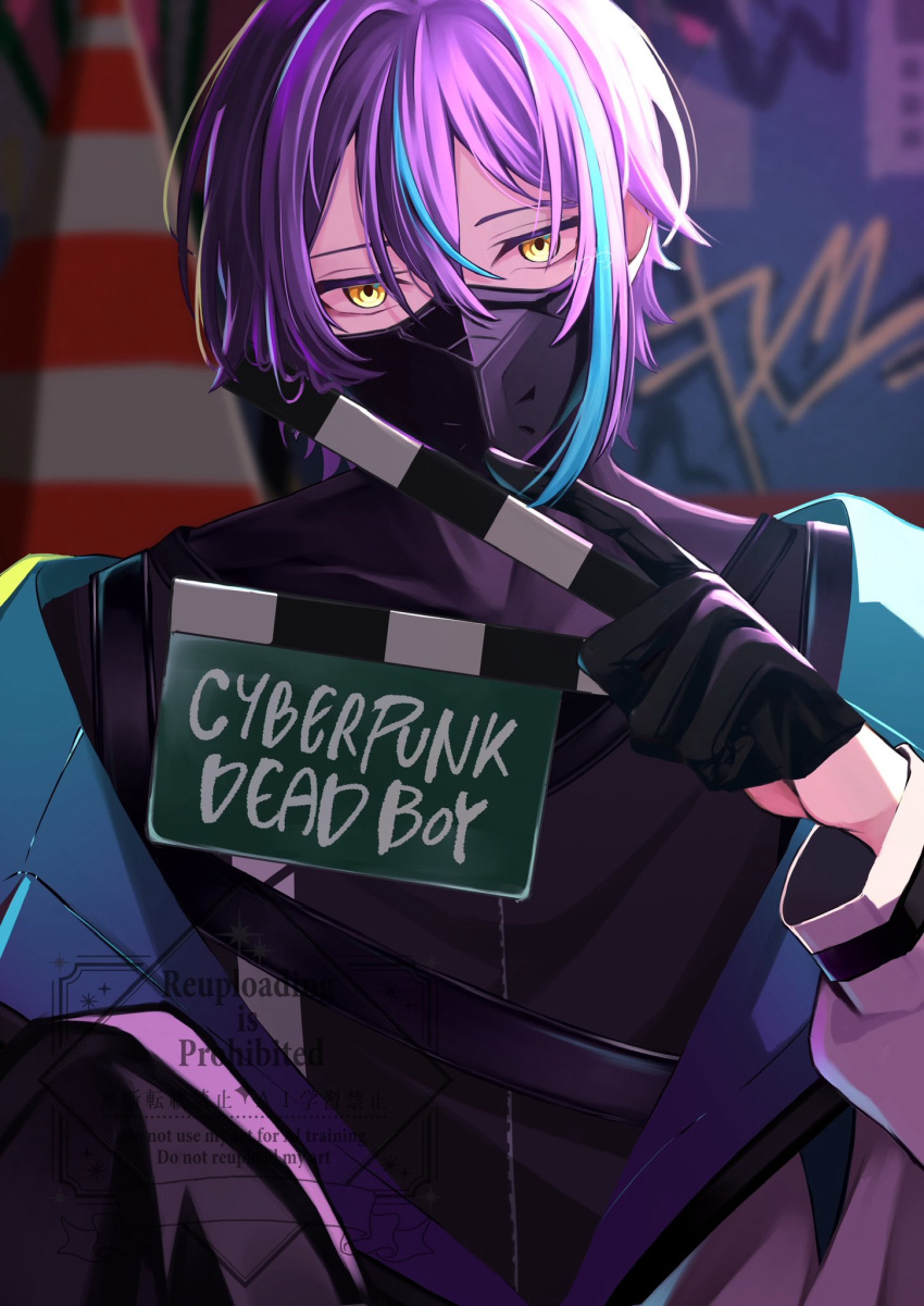 Safebooru - 1boy asymmetrical sidelocks black gloves black shirt blue ...