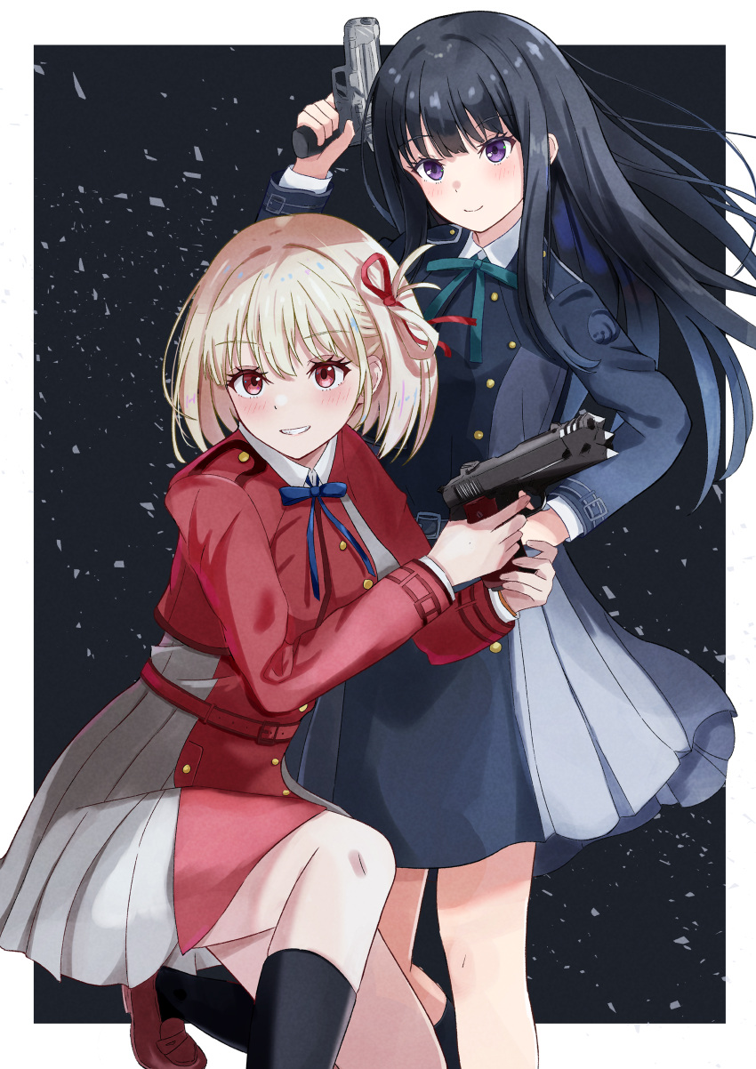 Safebooru - 2girls absurdres belt beniyomogi black hair black socks blonde hair blue belt blue ...