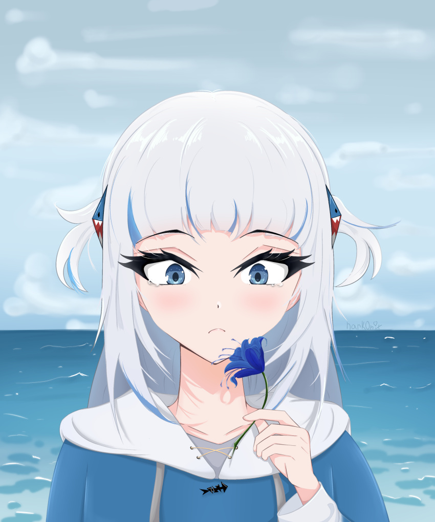 Safebooru - 1girl absurdres blue eyes blue flower blue sky closed mouth crying crying with eyes ...