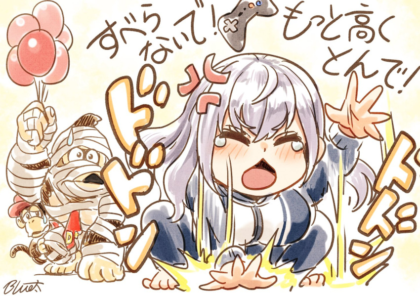 Safebooru - 1girl 2boys balloon bandages barefoot blue pants breasts buru-dai closed eyes ...