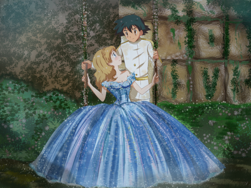 Safebooru - alternate costume ash ketchum ball gown blonde hair blue dress blue eyes cinderella ...