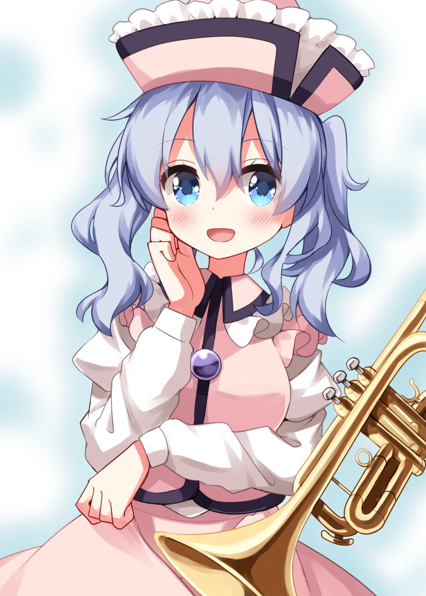 Safebooru - 1girl :d blue eyes blue hair blush collared vest commentary ...