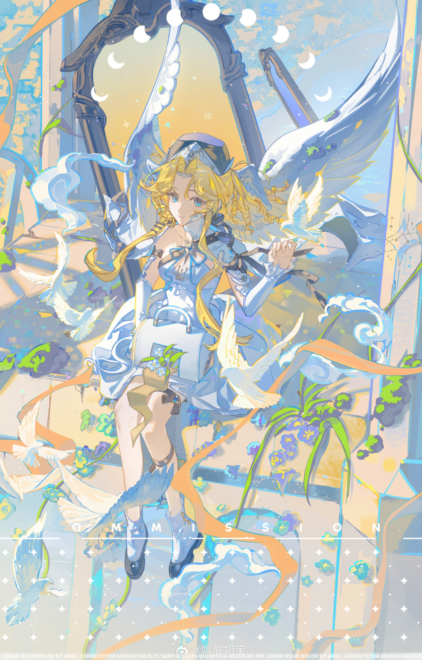 Safebooru - 1girl absurdres bird blonde hair blue eyes dove dress flower full body gepinaibao ...