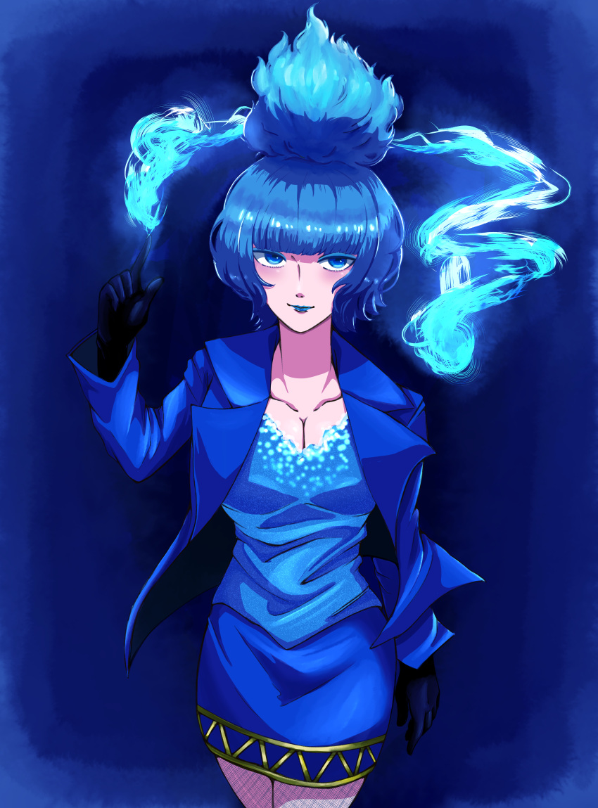 Safebooru - 1girl absurdres ancient greek clothes animification black gloves blue fire blue hair ...