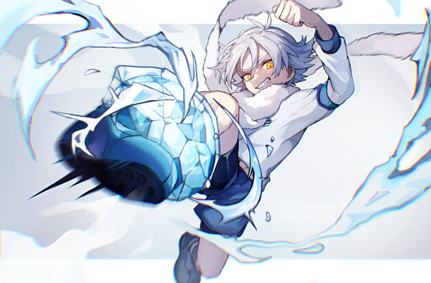 Safebooru - 1boy absurdres ball blue shorts cie x6 clenched teeth fubuki shirou fur scarf grin ...