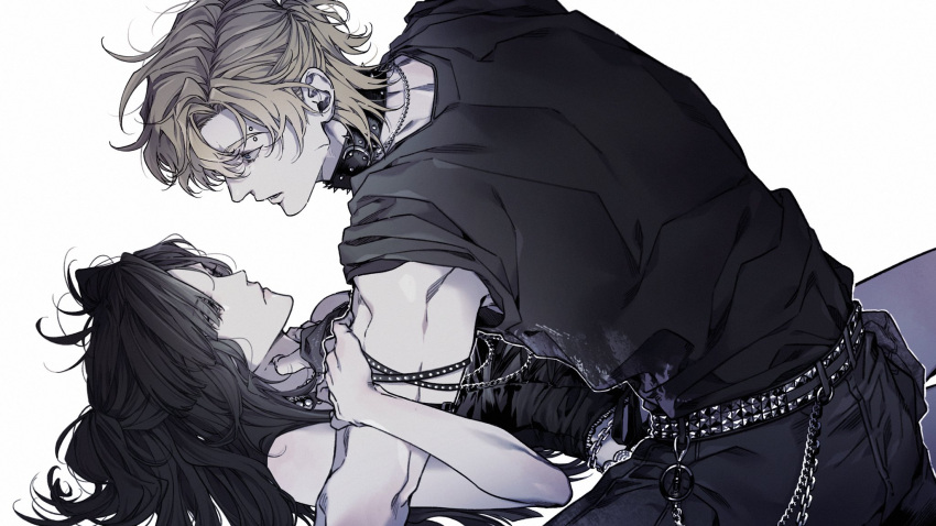 Safebooru - 1boy 1girl black collar black hair black pants black vest blonde hair collar degrees ...