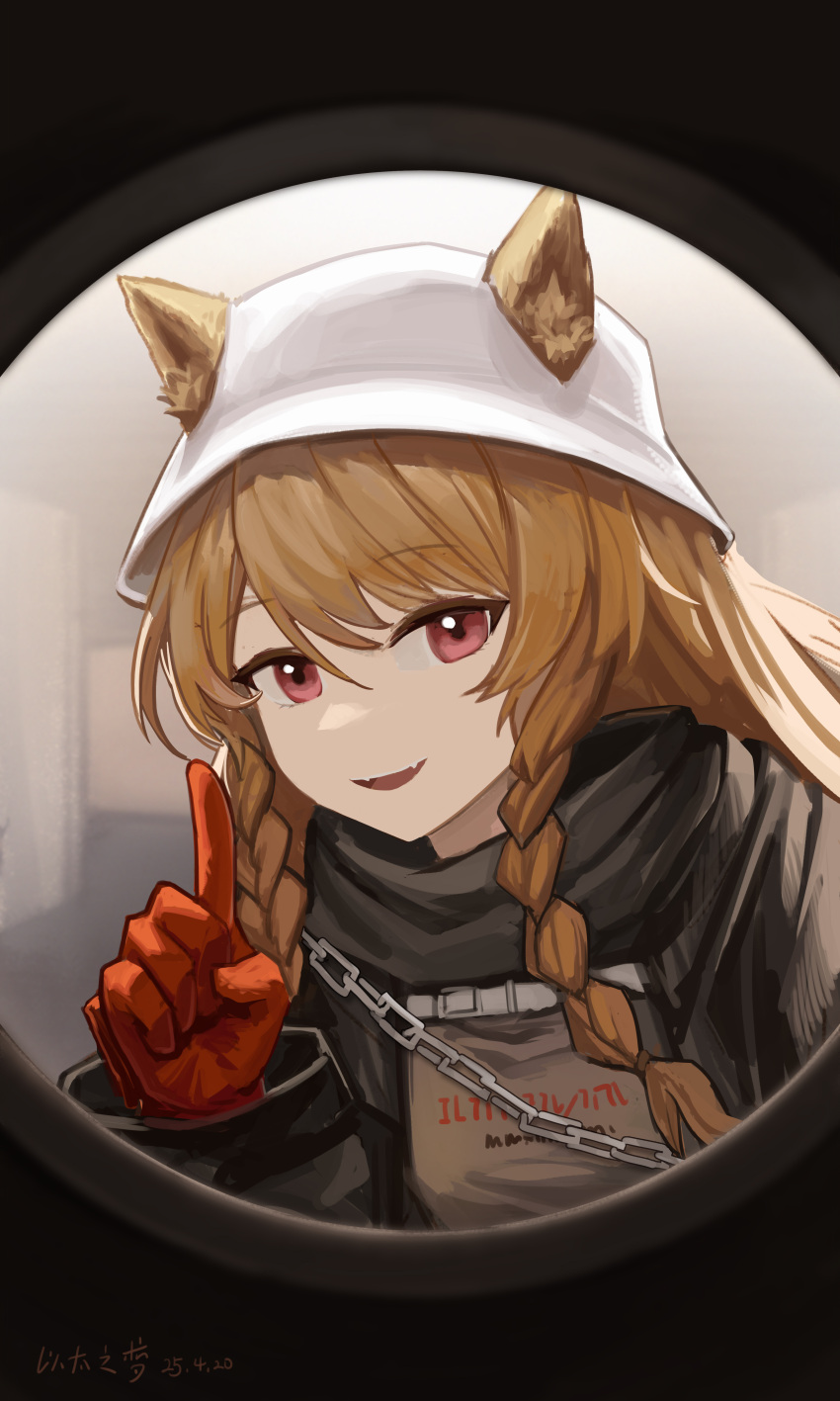 Safebooru - 1girl :d absurdres animal ears arknights black jacket braid brown hair brown shoes ...