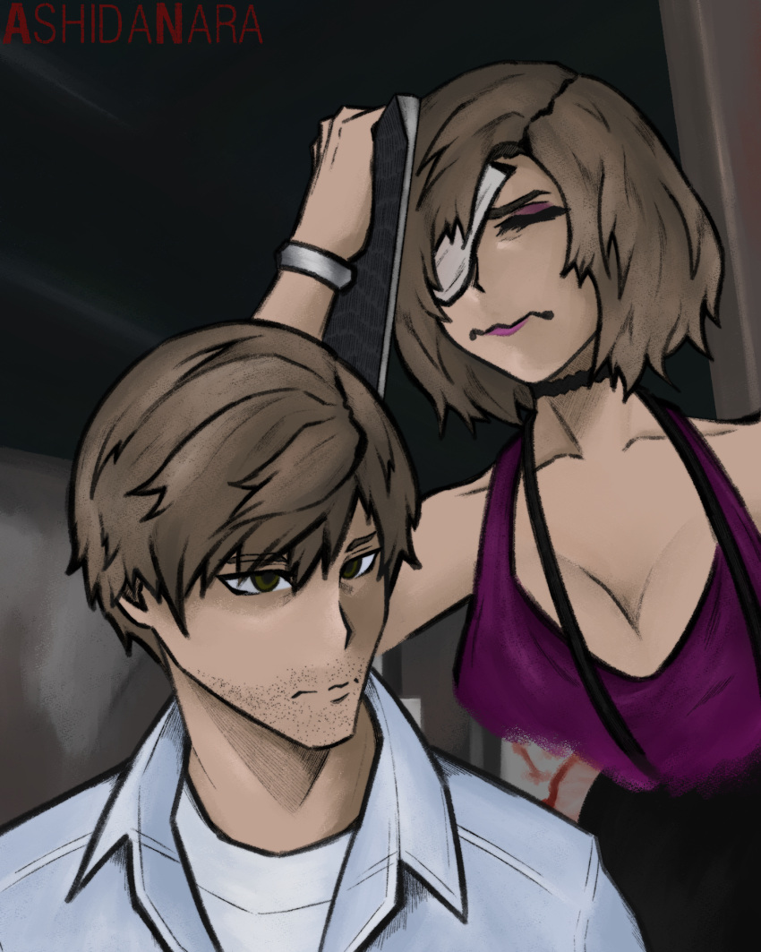 Safebooru - 1boy 1girl ashida nara brown hair closed eyes closed mouth collared shirt eileen ...