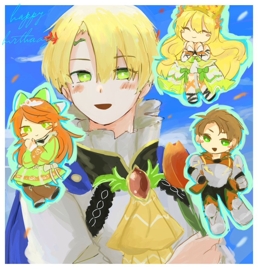 Safebooru - 2boys 2girls :d alfred (fire emblem) ascot blonde hair blue background blush blush ...