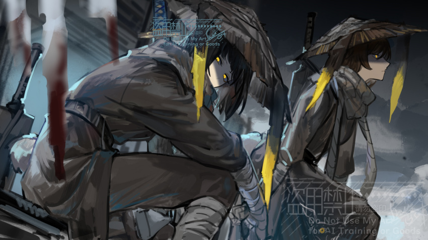 Safebooru - 2girls arm wrap black coat black hair black pants bob cut ...