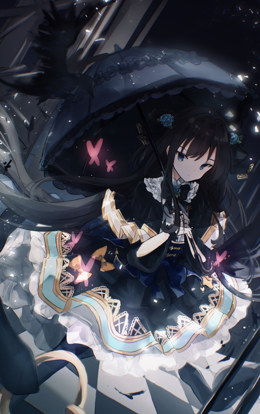 Safebooru - 1girl absurdres arcaea bird black bird black bow black bowtie black capelet black ...