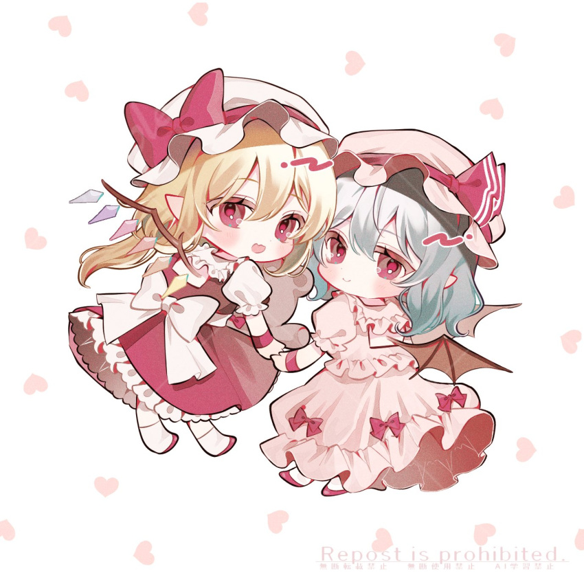 Safebooru - 2girls back blonde hair blue hair chibi chibi only closed mouth dress fang flandre ...