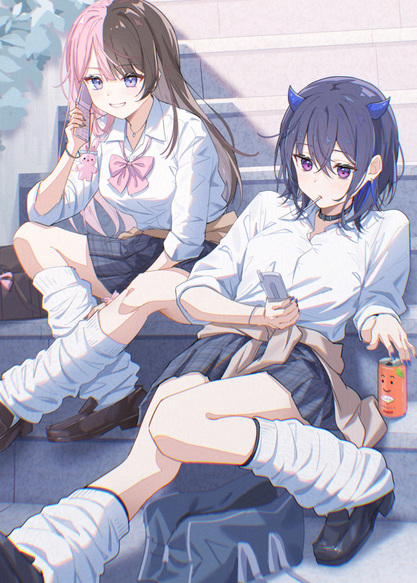 Safebooru - 2girls black choker black skirt blue hair bow bowtie brown hair choker collared ...