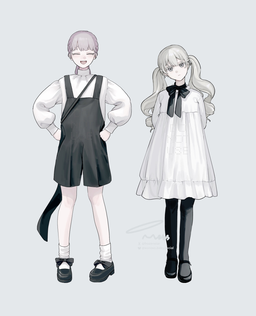 Safebooru - 2girls :d absurdres arms behind back black bow black bowtie black pantyhose black ...