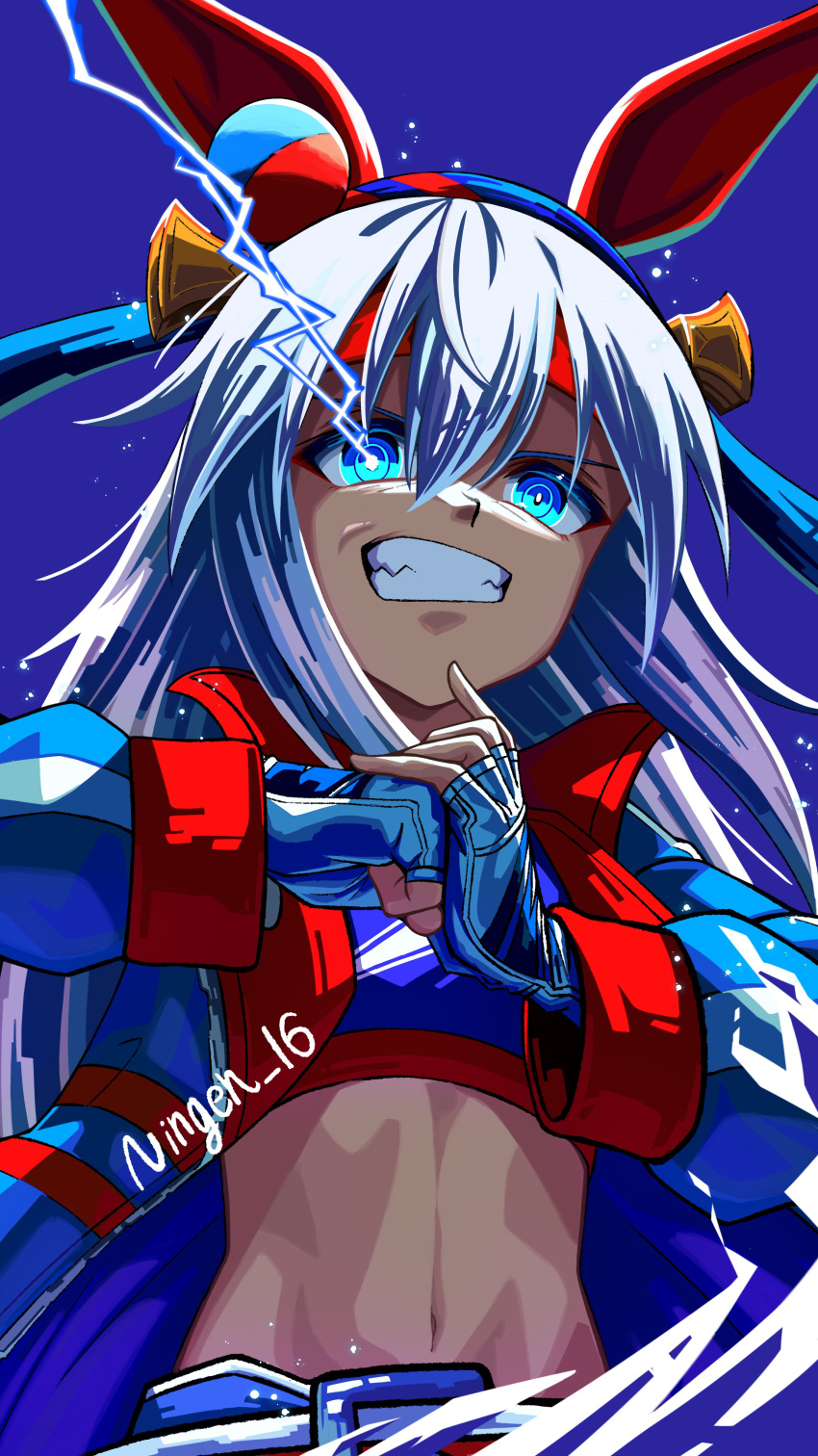 Safebooru - 1girl absurdres belt blue background blue eyes blue hairband blue jacket blue shirt ...