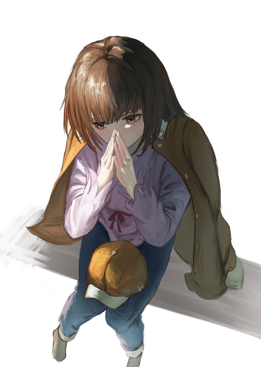 Safebooru - 1girl absurdres bakemonogatari blue pants brown coat brown eyes brown hair cabbie ...