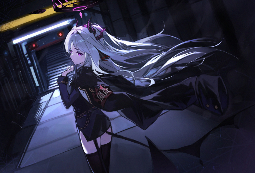 Safebooru - 1girl ahoge armband back black coat black halo black skirt black thighhighs blue ...