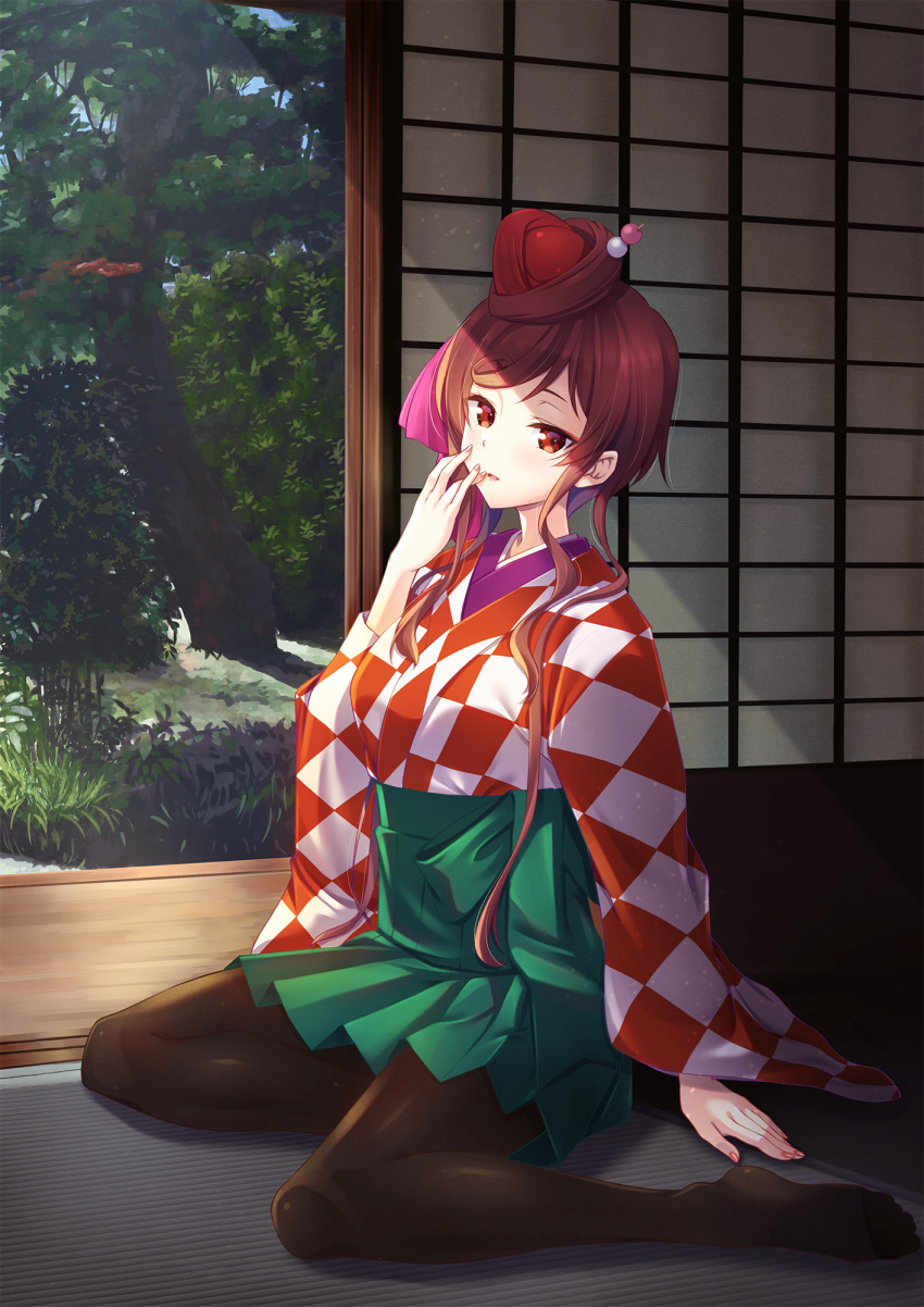 Safebooru - 1girl black pantyhose brown hair green skirt highres japanese clothes kimono looking ...