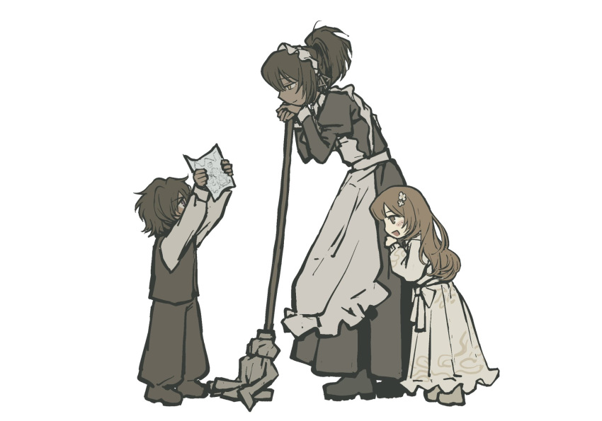 Safebooru - 1boy 2girls apron bakupaku black dress brown eyes brown ...