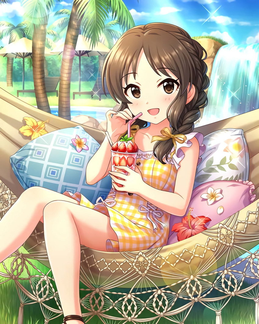 Safebooru - 1girl black eyes black hair blue sky blush breasts cup day food fruit highres ...