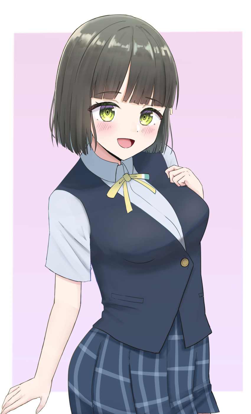 Safebooru - 1girl :d absurdres alternate costume black hair black vest blue shirt blue skirt ...