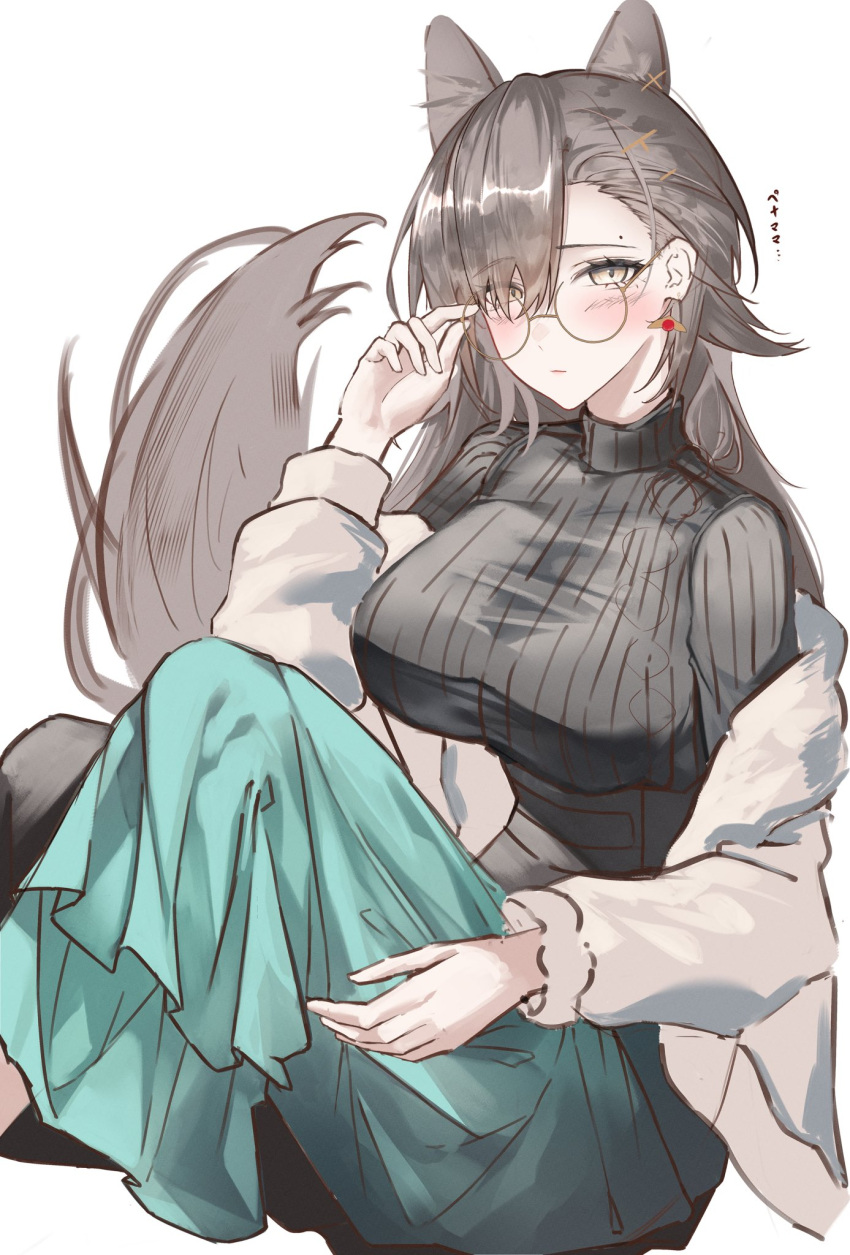 Safebooru - 1girl adjusting eyewear animal ears aqua skirt arknights arm up black sweater blush ...