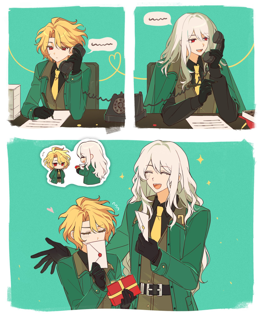 Safebooru - 1boy 1girl antique phone aqua background belt black belt ...