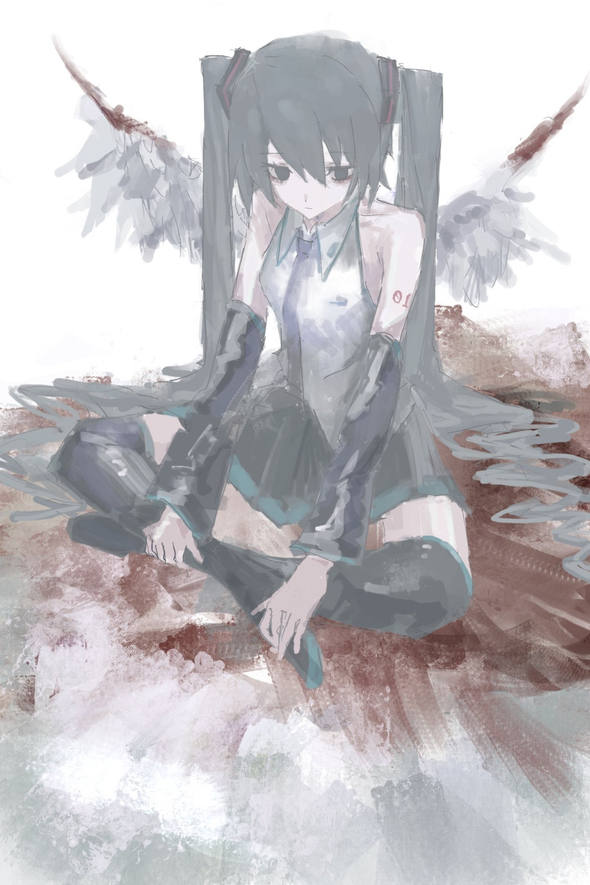 Safebooru - 1girl angel wings aqua eyes aqua hair aqua necktie black skirt blue trim breasts ...