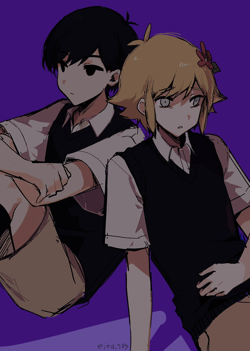 Safebooru - 2boys antenna hair artist name back-to-back basil (faraway) (omori) basil (omori ...