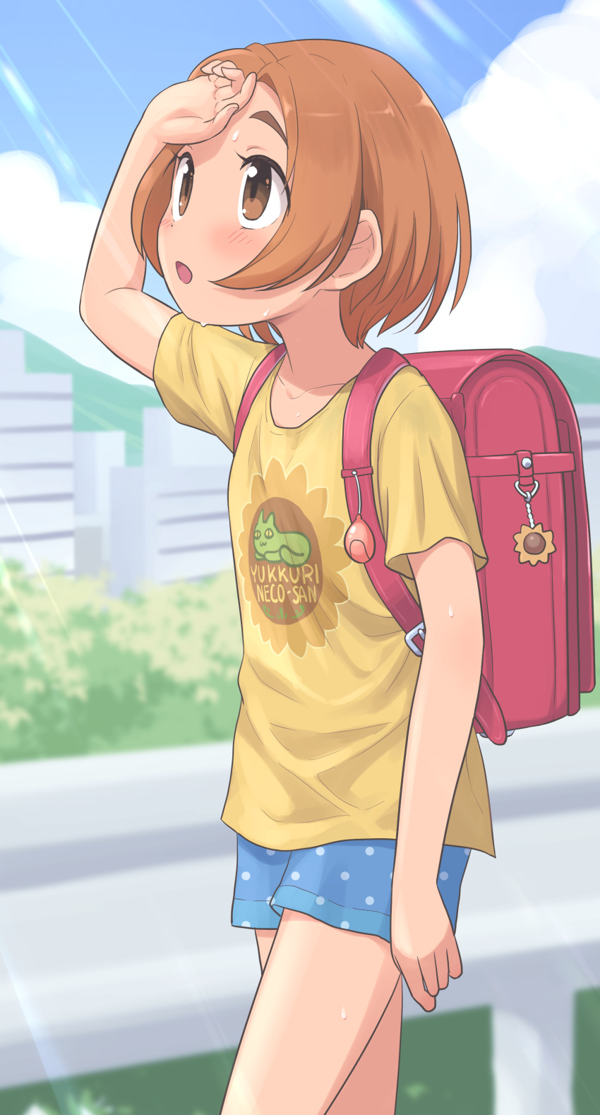 Safebooru - 1girl :o absurdres backpack bag blue shorts blurry blurry background blush bridge ...
