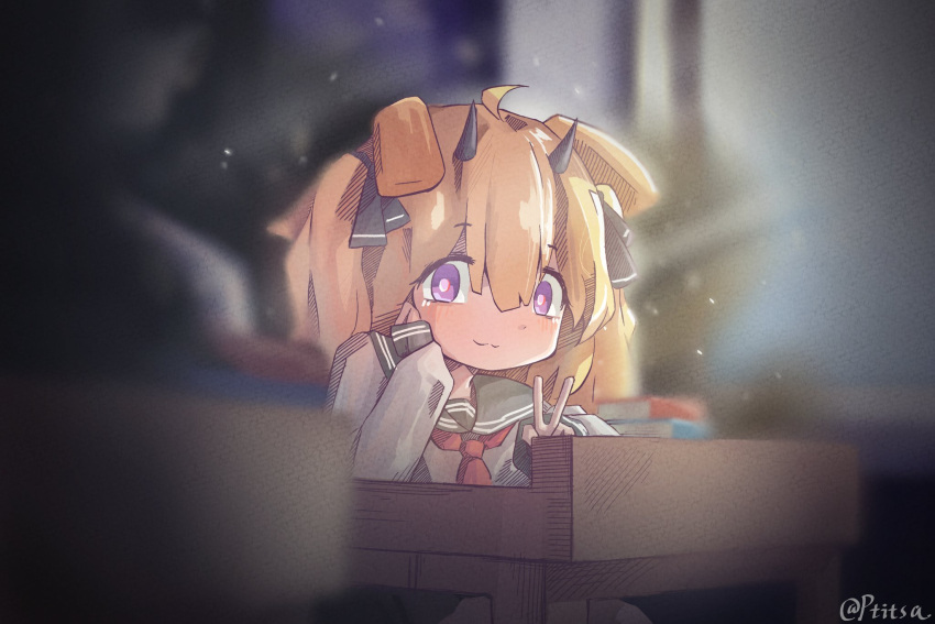 Safebooru - 1girl :3 ahoge animal ears black horns black ribbon blonde ...