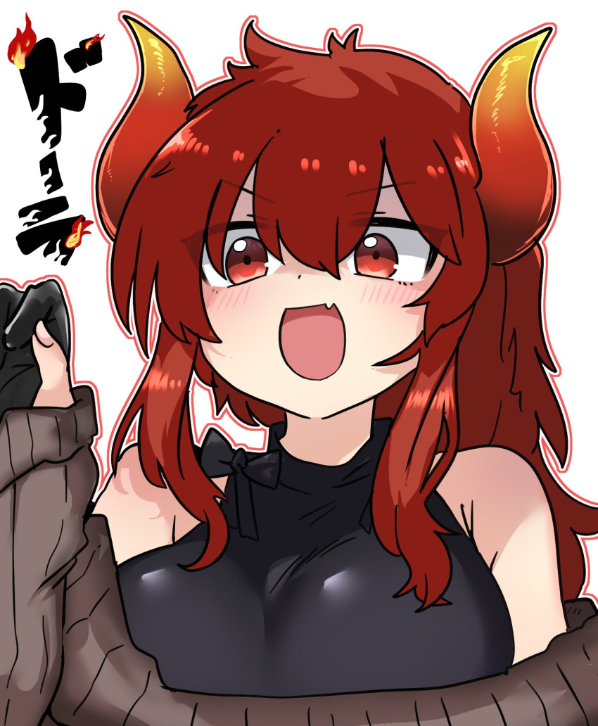 Safebooru - 1girl black shirt blush brown sweater dola (nijisanji) fang highres horns kojita ...