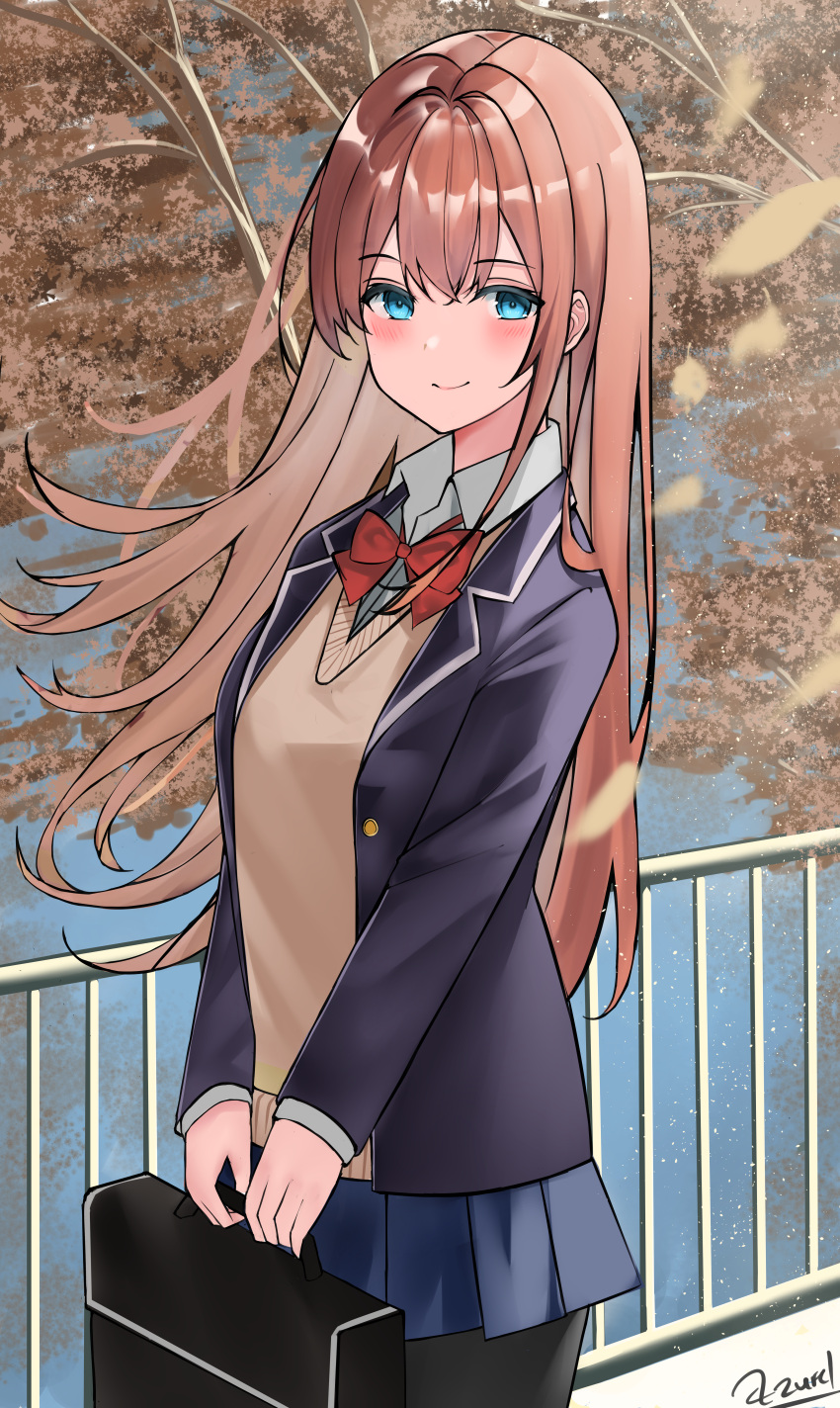 Safebooru - 1girl absurdres azurel577 bag bangs blazer blue eyes blush bow bowtie brown hair ...