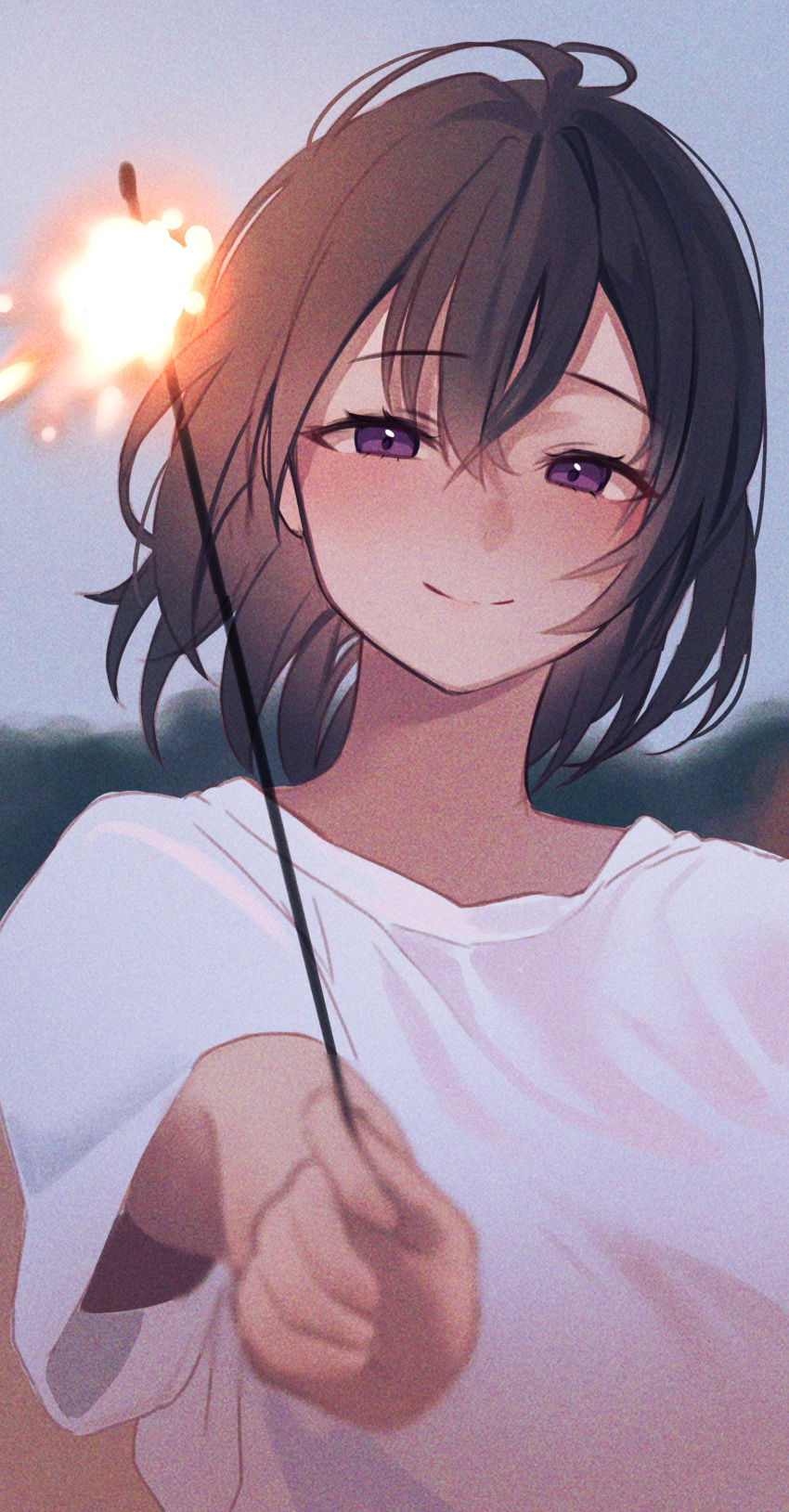 Safebooru - absurdres black hair blush fireworks highres holding ...