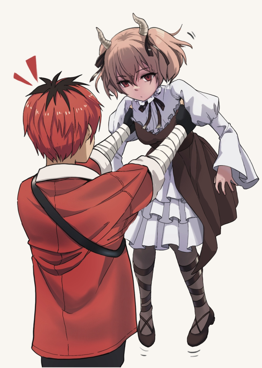 Safebooru - 1boy 1girl black hair breasts brown background brown corset ...