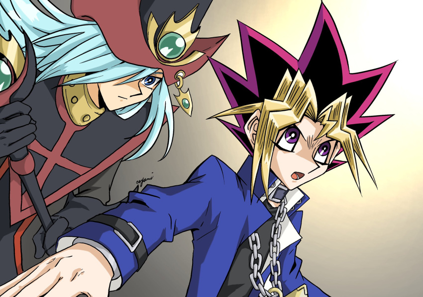 Safebooru - 1boy 1girl aoyami1225 black choker black gloves black shirt blonde hair blue hair ...