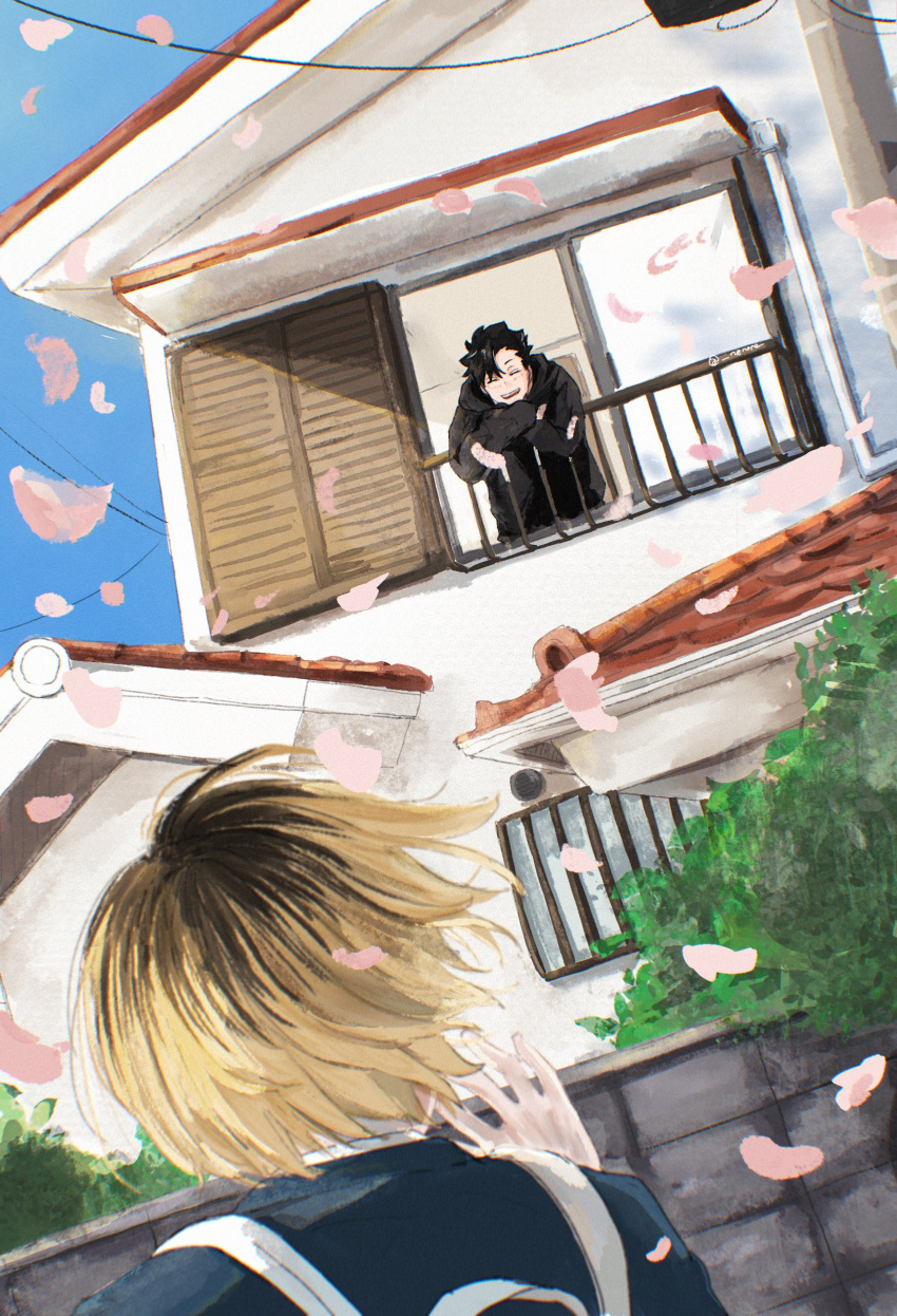 Safebooru - 2boys absurdres against railing arm up black hair black ...